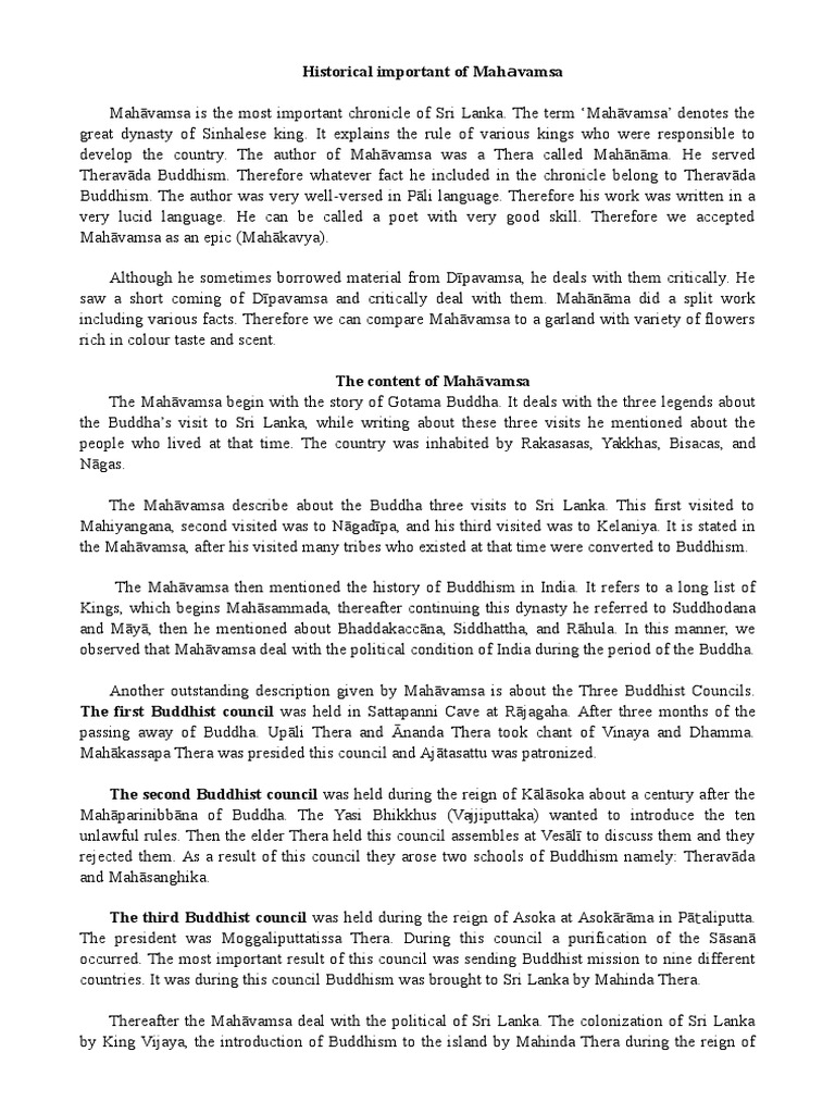Historical Important of Mahavamsa | PDF | Sri Lanka | Schools Of Buddhism