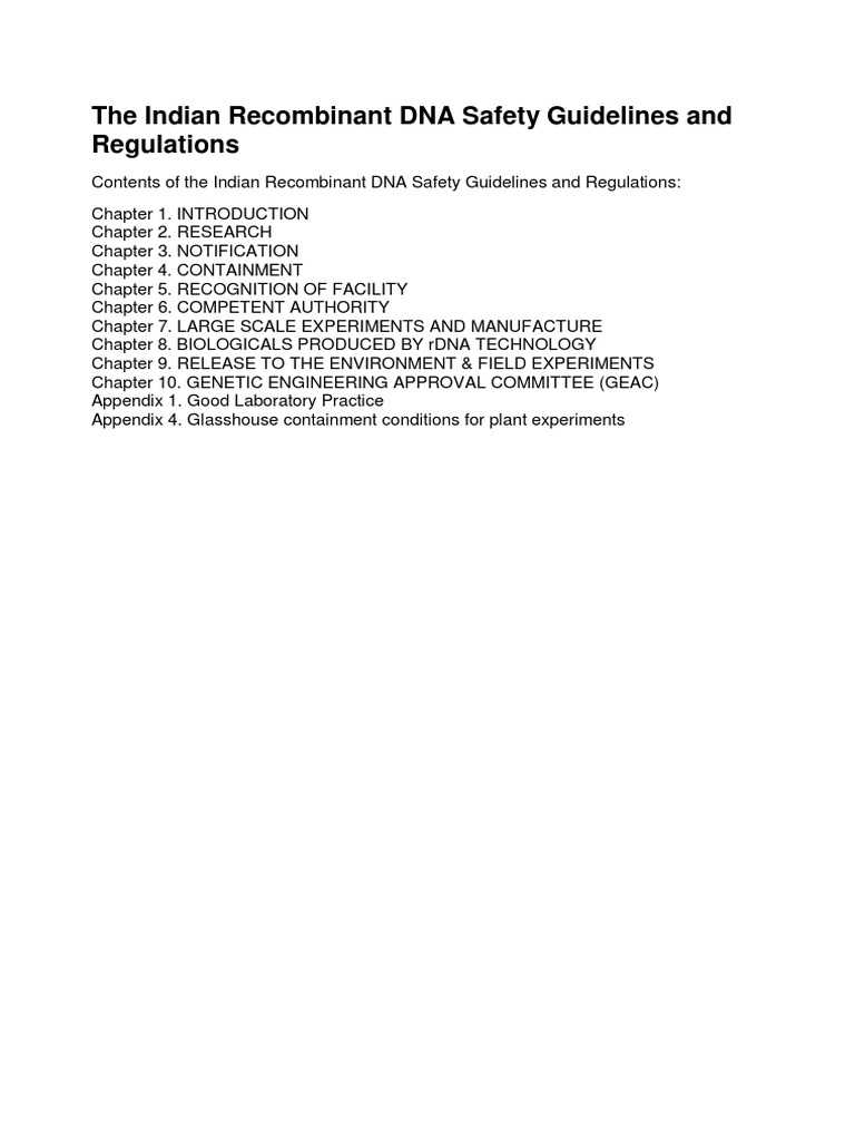 INDIA Recombinant DNA Safety Guidelines and Regulations Another | PDF ...