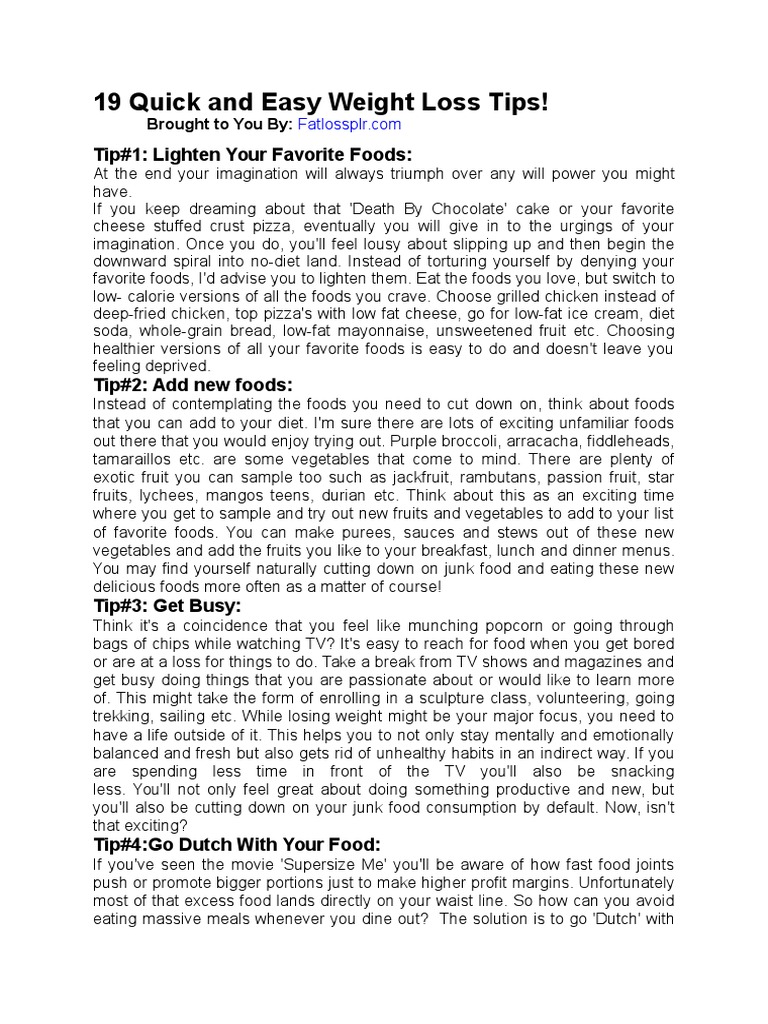19 Quick and Easy Weight Loss Tips! | PDF | Drink | Eating
