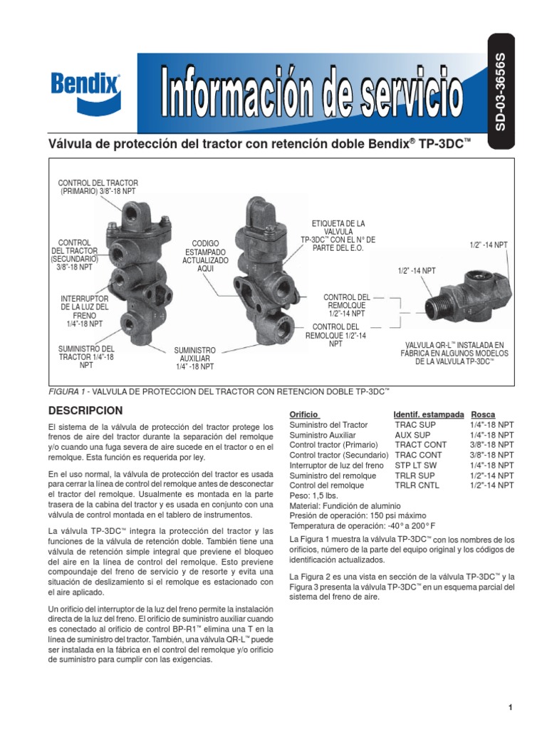 Válvula de Protección Del Tractor Con Retención Doble Bendix® TP-3DC™ | PDF | Tractor | Eje