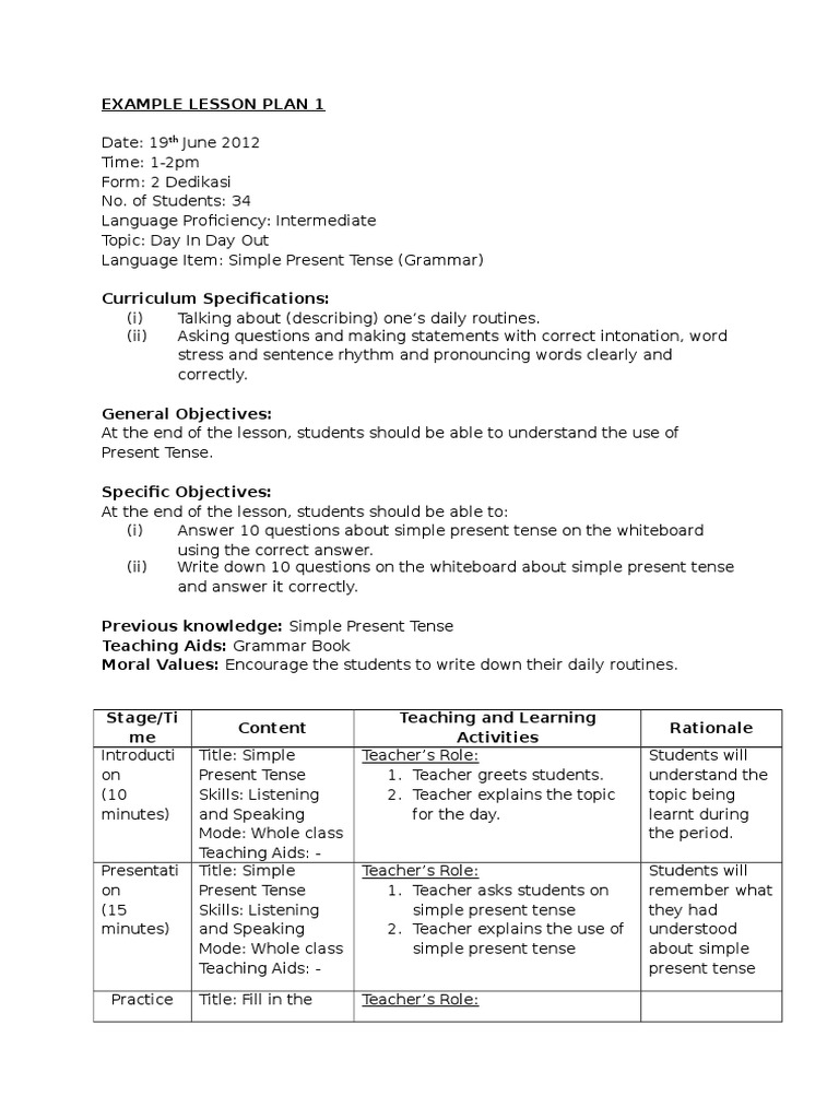 Sample Lesson Plan 1 1 PDF Syntax Linguistic Morphology