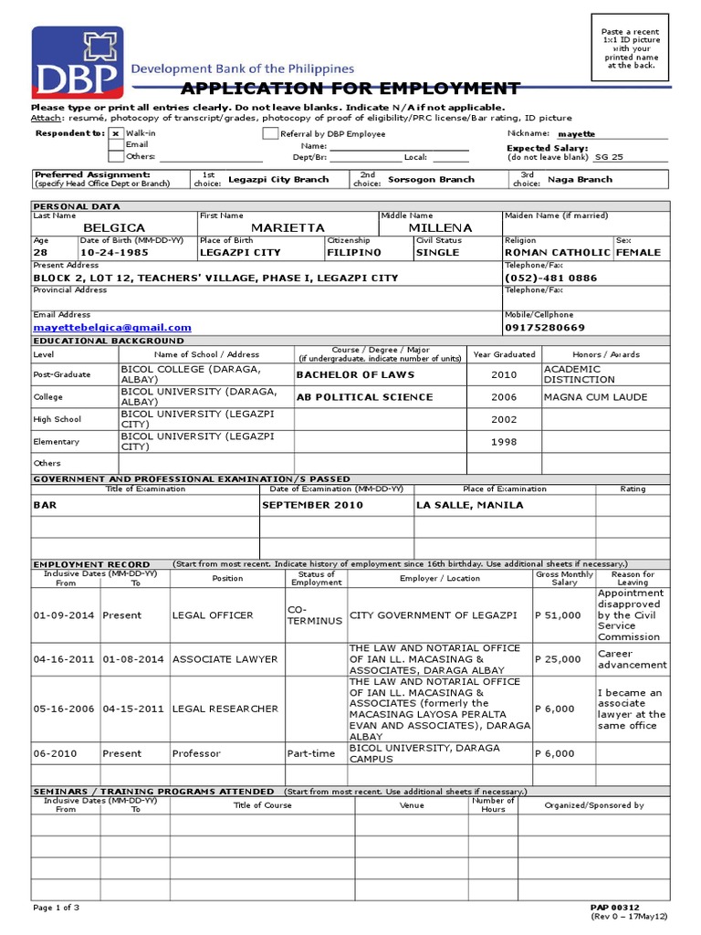 2012 DBP Application for Employment | Business