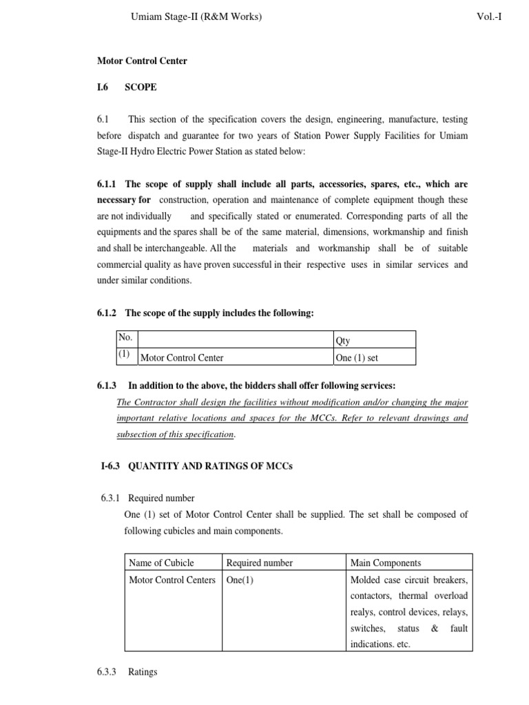 Technical Specification - MCC | PDF | Relay | Electrical Wiring