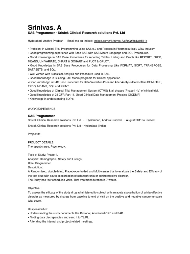 Clinical SAS Sample Resume | PDF | Clinical Trial | Sas (Software)