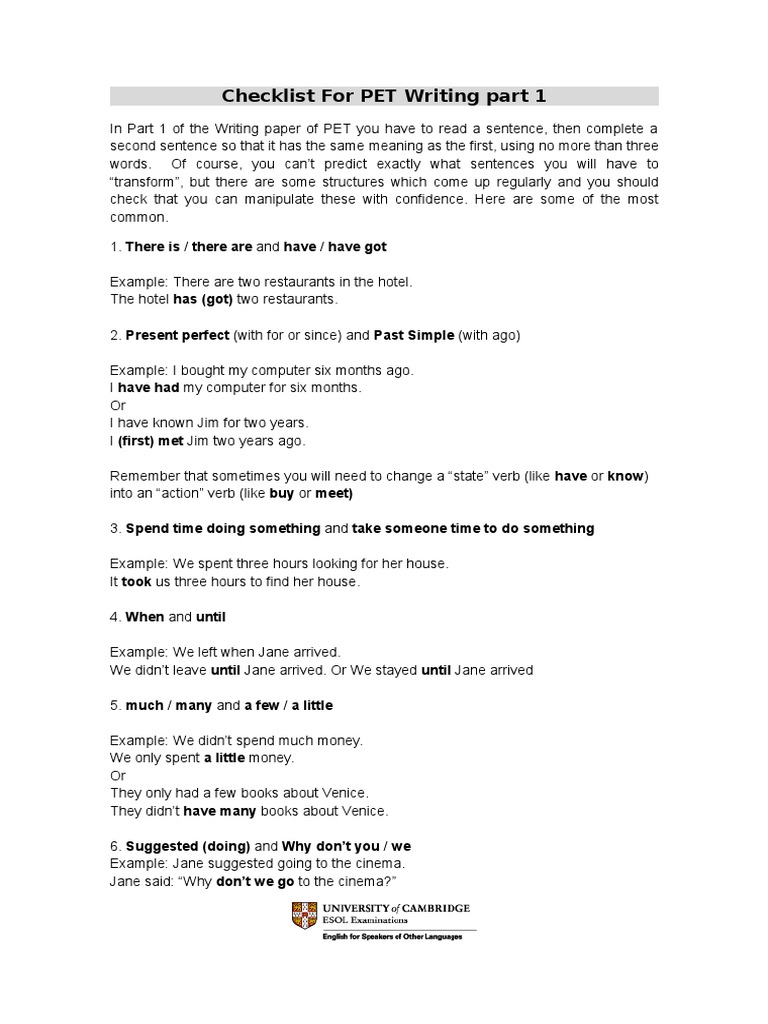 Checklist For PET Writing Part 1 | PDF | Syntax | Rules