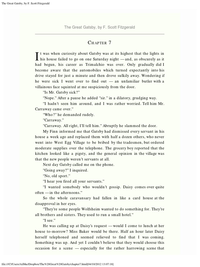 The Great Gatsby Chapter 7 Summary in 39 Characters | PDF | The Great ... The Great Gatsby Chapter 7 Summary in 39 Characters | PDF | The Great ...