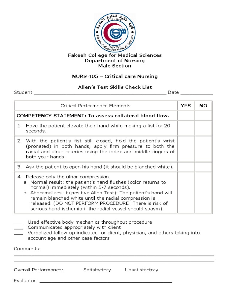 Allen's Test Checklist | PDF