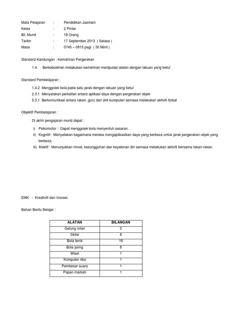 RPH PJ Tahun 2 Kemahiran Pergerakan | PDF