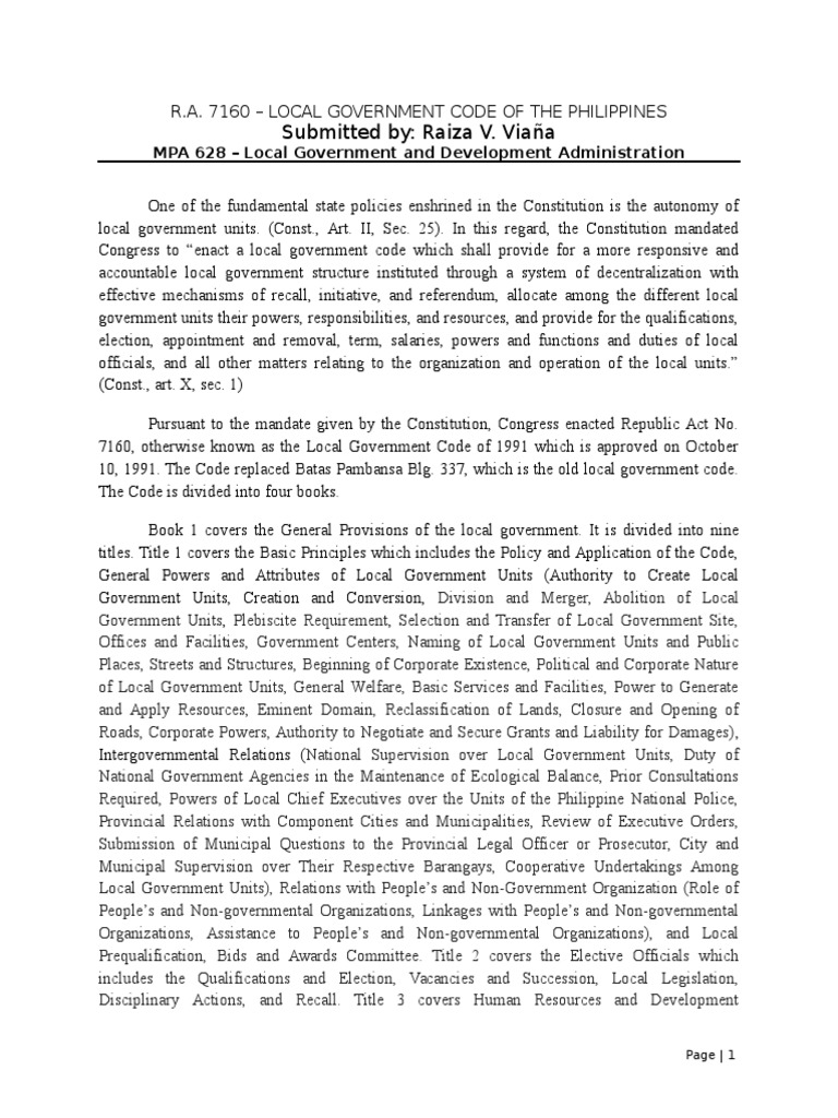 R.A. 7160 - Local Government Code | PDF | Local Government | Political ...