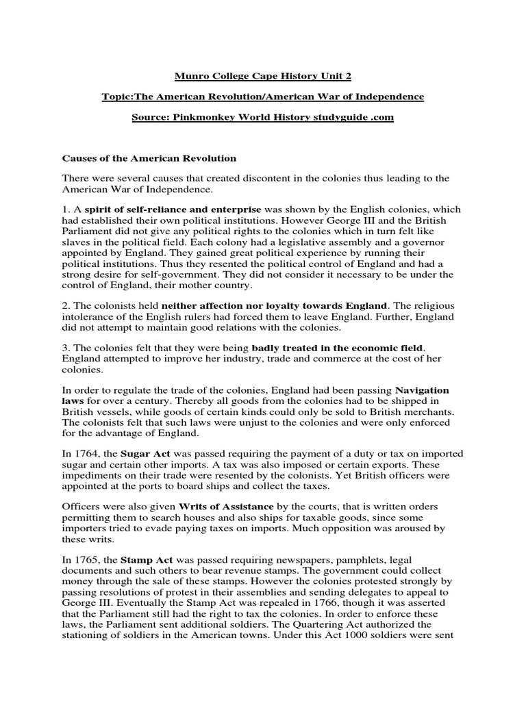 American Revolution Handout Cape History Unit 2 | PDF | American ...