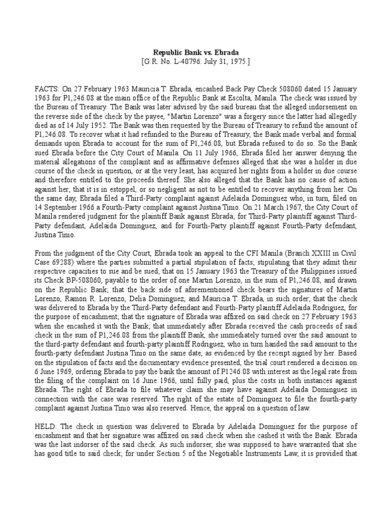 Republic Bank vs. Ebrada-Digest | PDF | Cheque | Negotiable Instrument