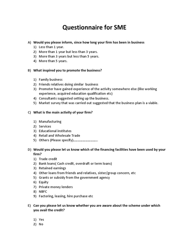 Questionnaire for SME | Credit (Finance) | Loans