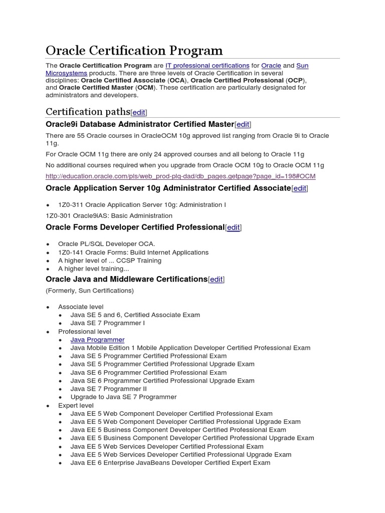 Oracle Certification Program | PDF | Oracle Acquisitions | Java (Programming Language)