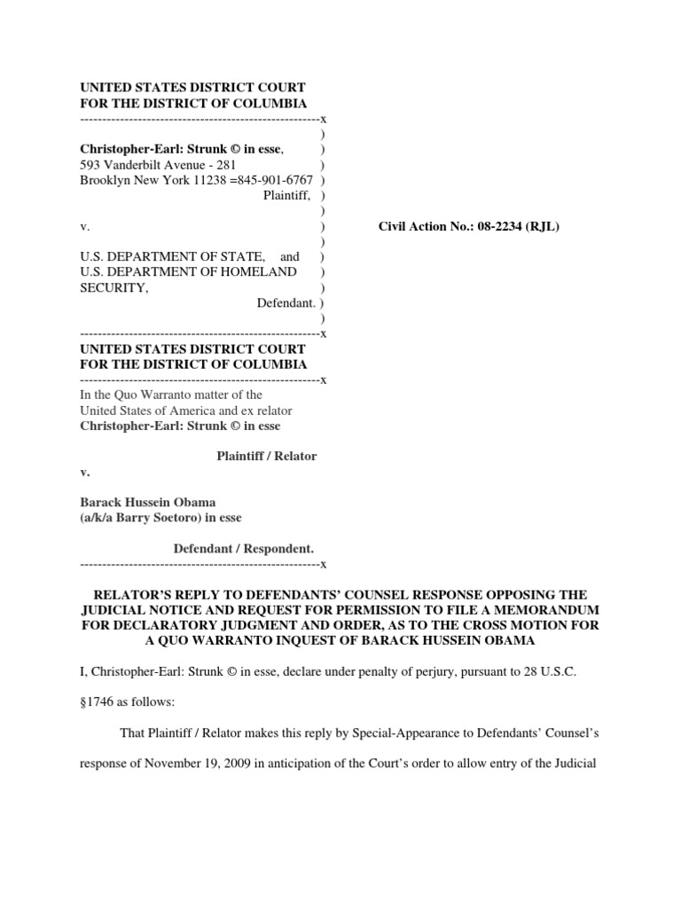 Strunk's Reply To DOJ Response Opposing Permission For MOL and Summary Judgment DCD 08-cv-2234 ...