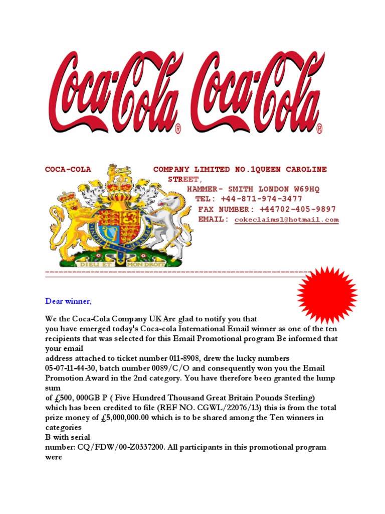 Notification of Prize Winning from Alleged Coca-Cola Email Promotion ...