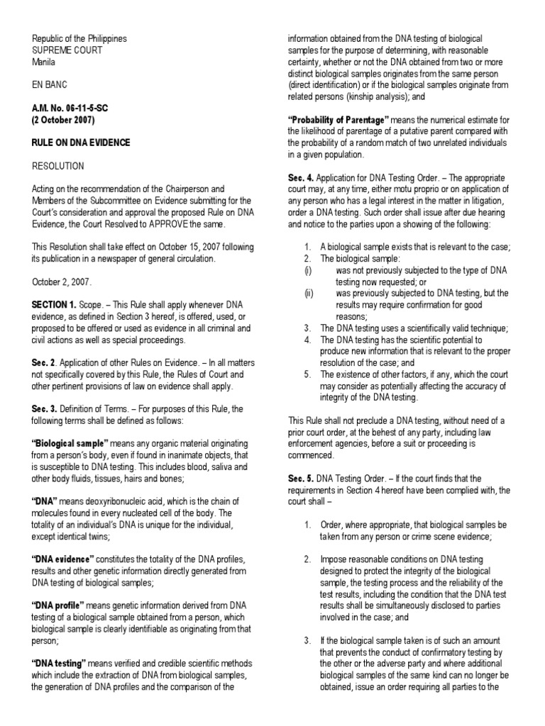 Rules On DNA Evidence and Electronic Evidence | PDF | Affidavit | Dna ...