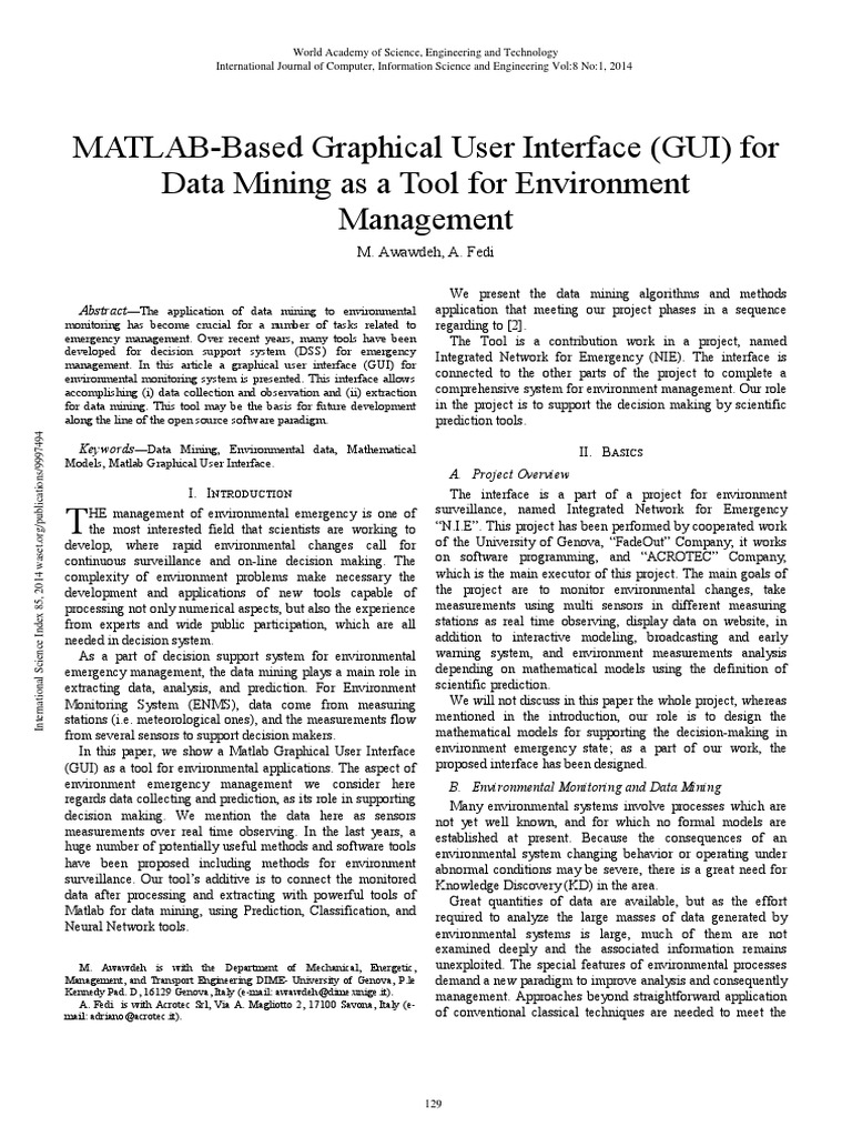 MATLAB Based Graphical User Interface GUI For Data Mining As A Tool For Environment Management ...