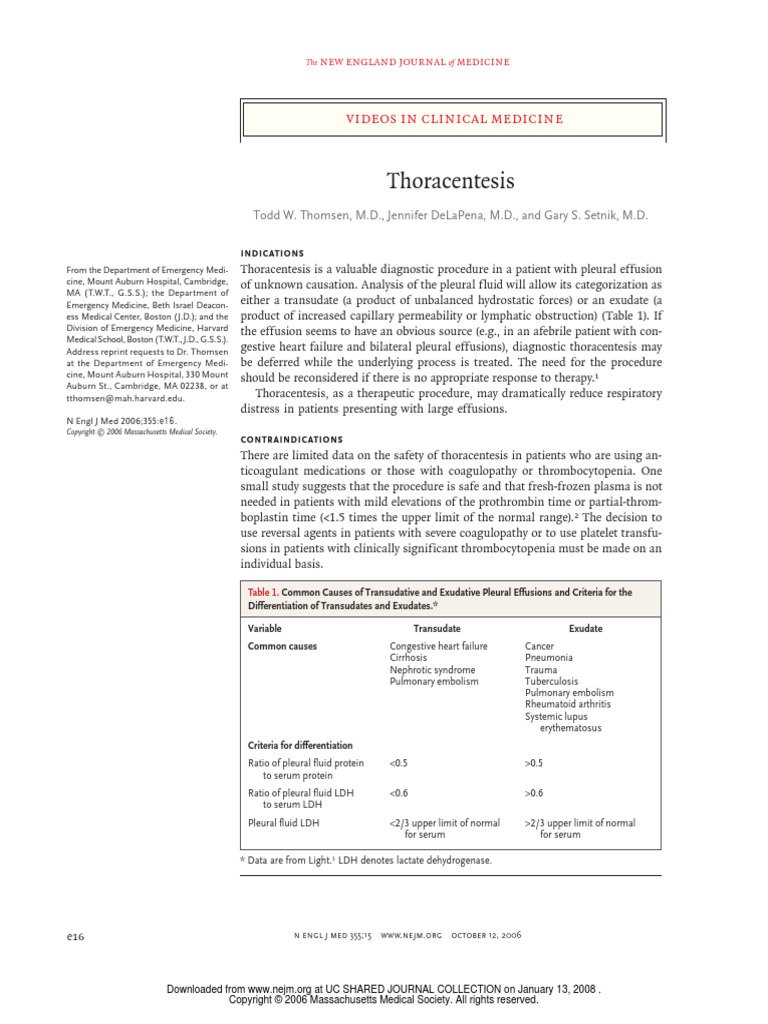 Thoracentesis Nejm | PDF | Clinical Medicine | Medicine
