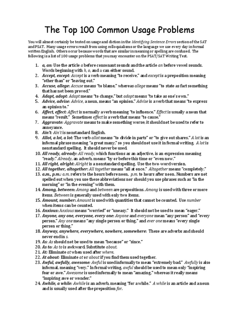 The Top 100 Common Usage Problems | PDF | Verb | Adverb