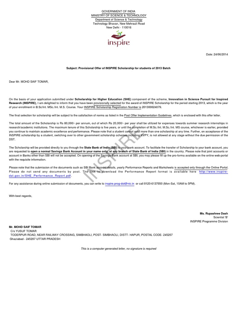 Offer Letter | Master Of Science | Bachelor Of Science