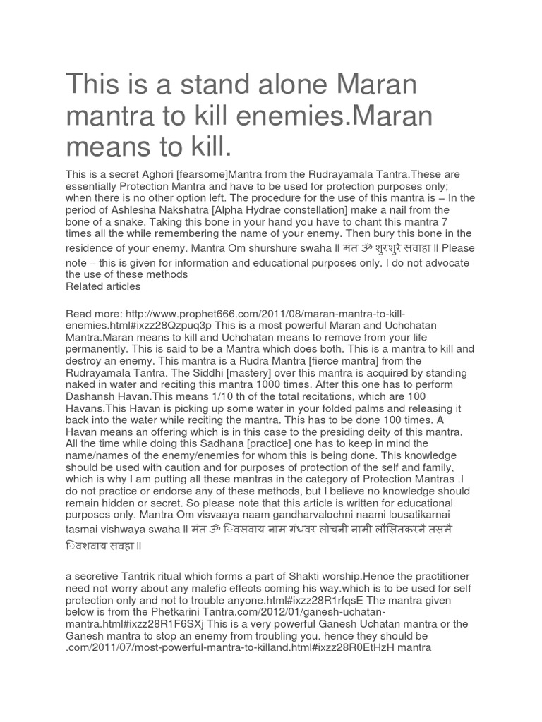 Powerful Maran Mantra for Enemies | PDF | Mantra | Vedas