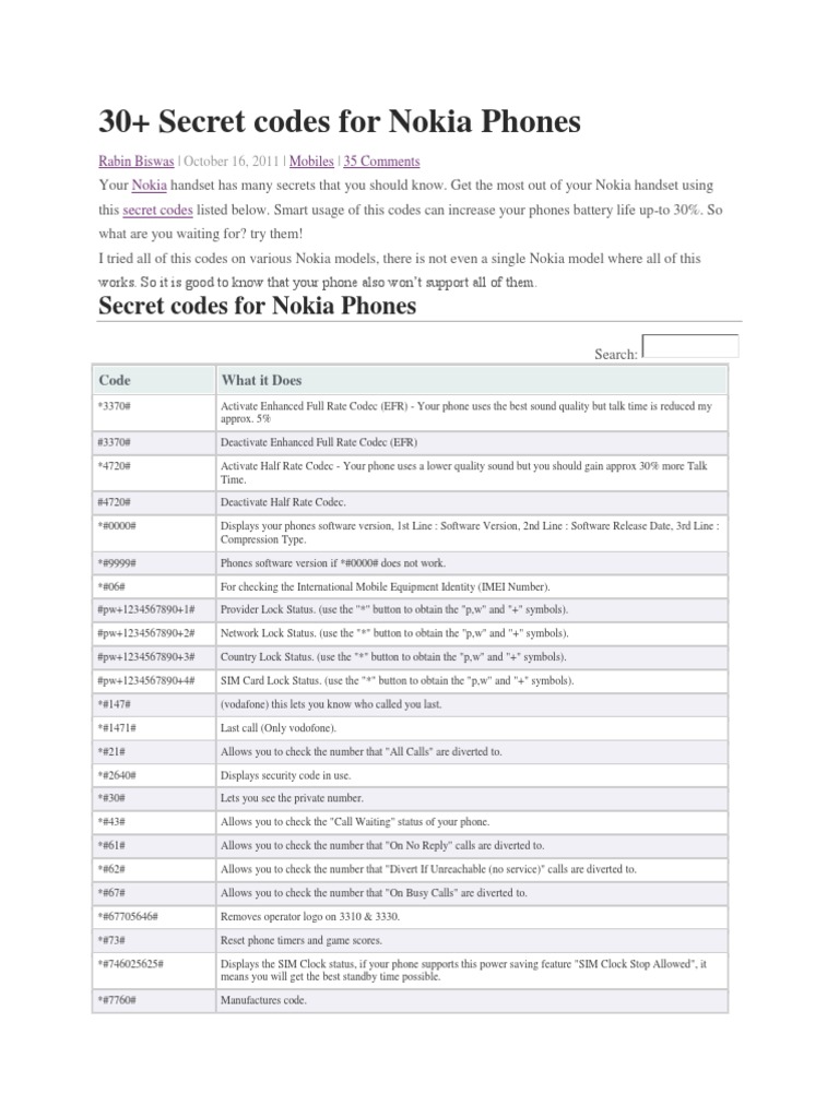 Secret Codes For Nokia Phones | PDF | Mobile Computers | Consumer ...