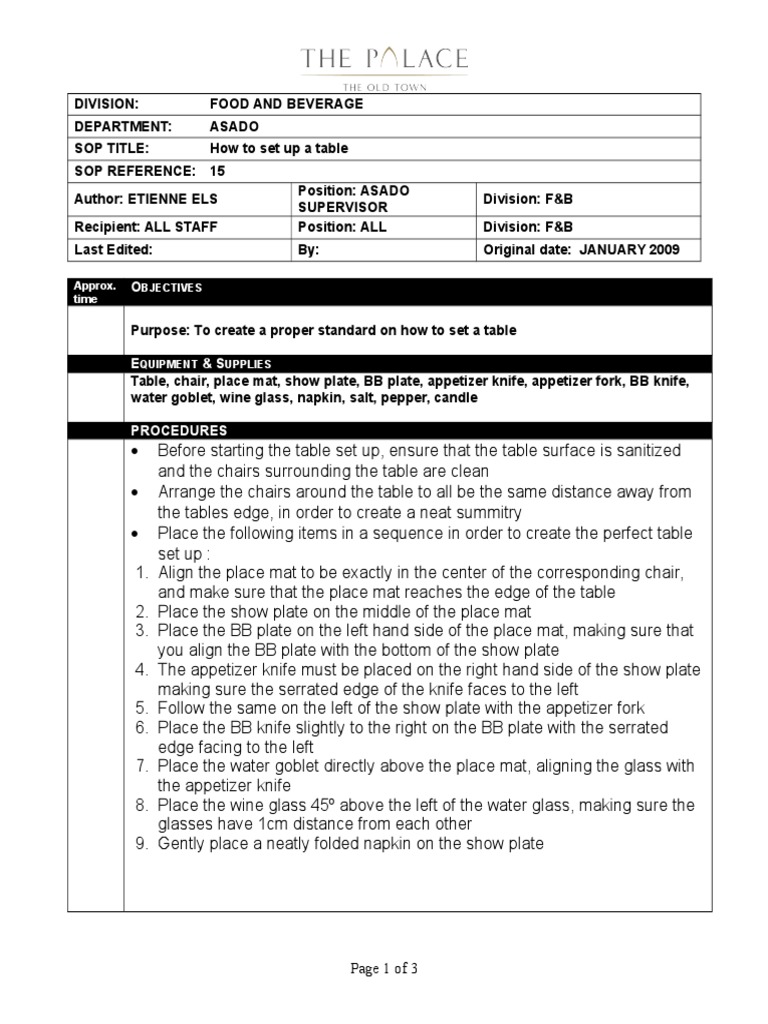 SOP 15 Table set up | Cooking | Food & Wine