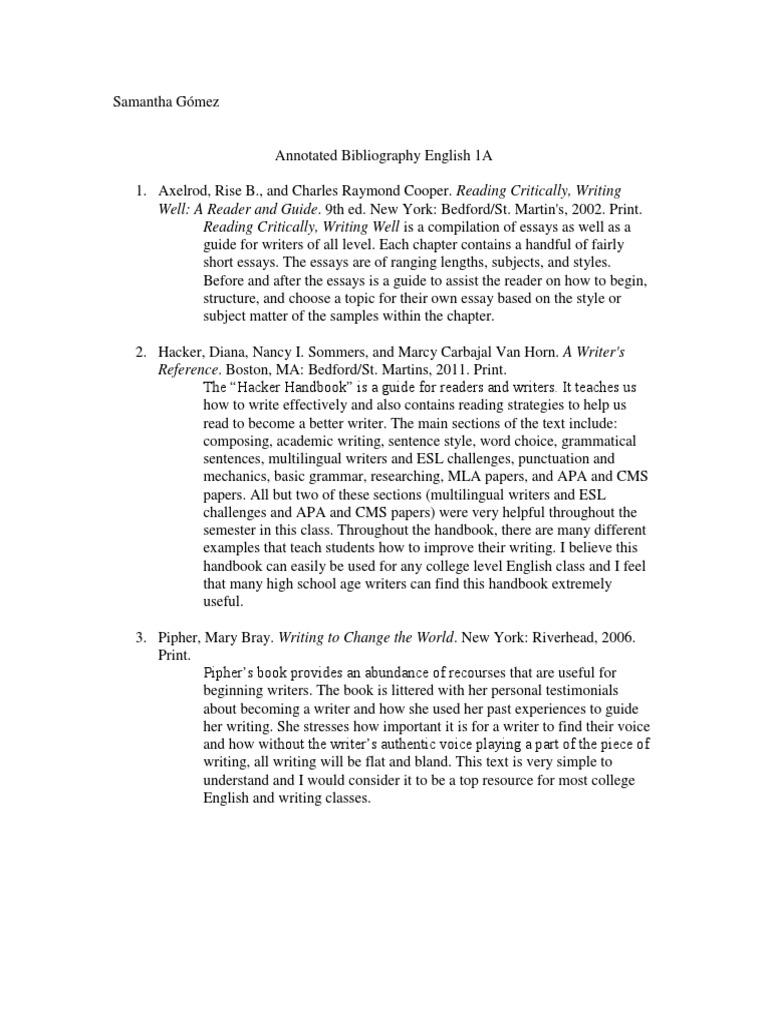 Annotated Bibliography for English 1A | PDF