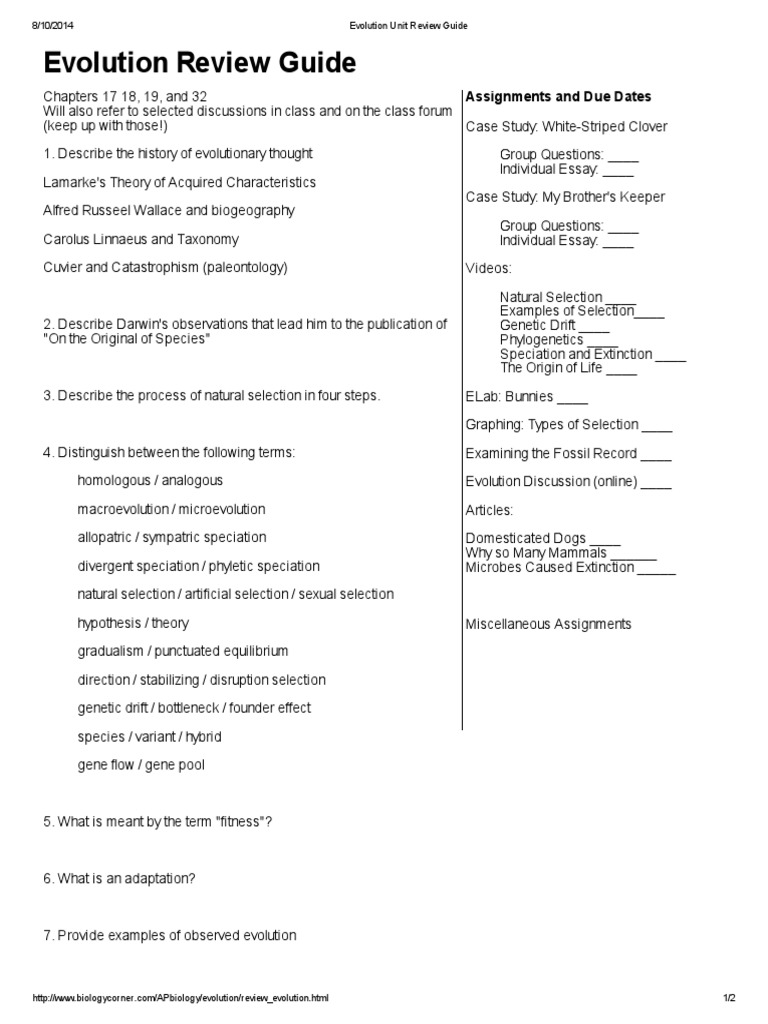Evolution Unit Review Guide | PDF | Evolution | Natural Selection