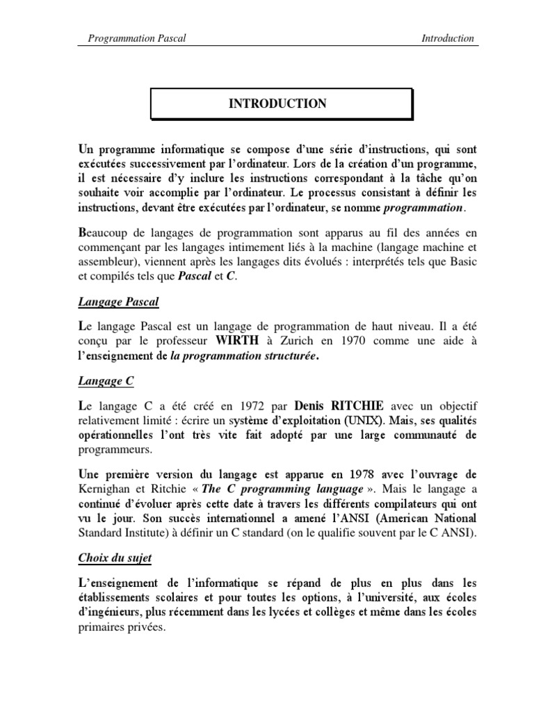 Programmation Pascal Exercices Corrigés C Langage De Programmation Langage De Programmation
