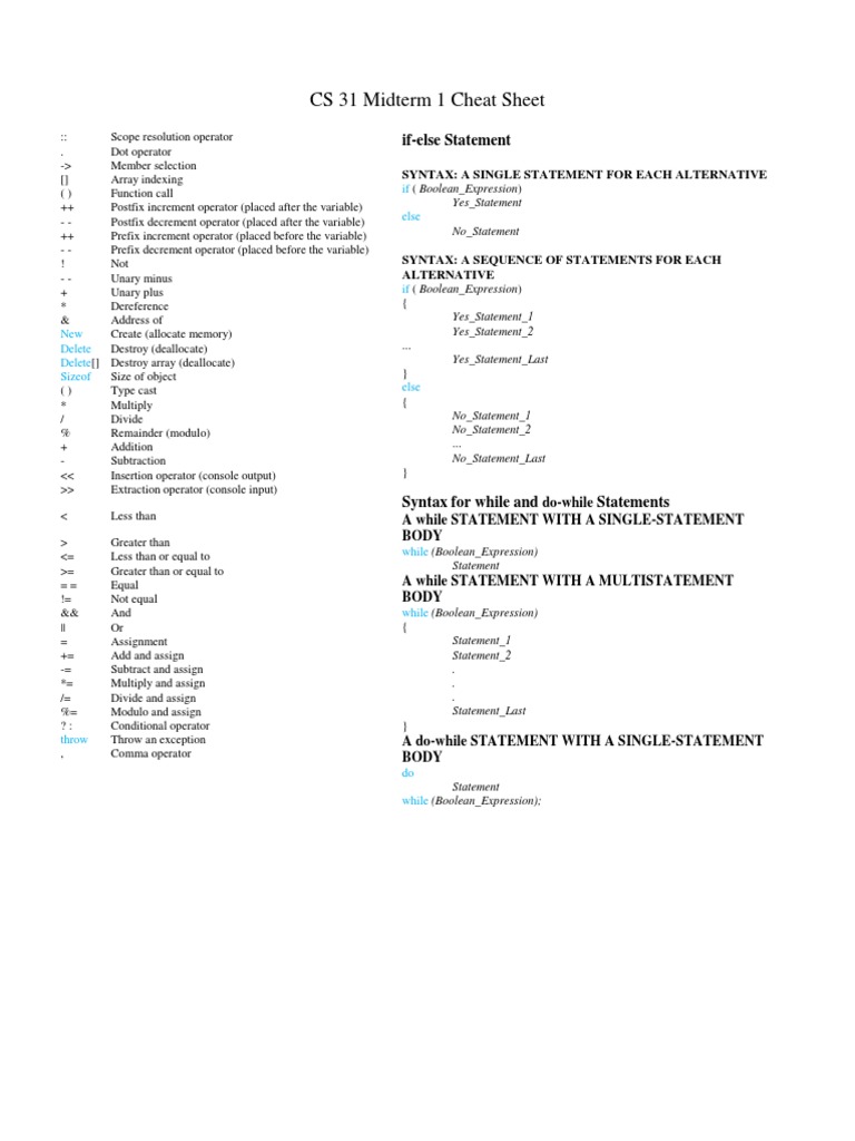 UCLA CS 31 Midterm 1 Cheat Sheet | PDF