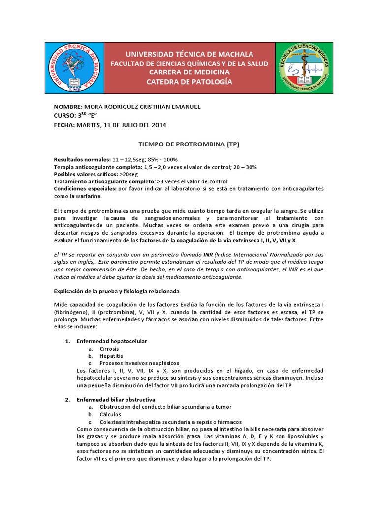 TP y TPT | Descargar gratis PDF | Coagulación | Especialidades Medicas