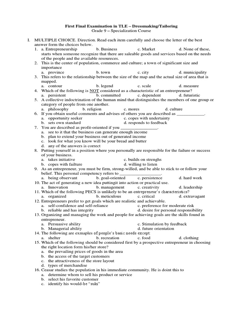 First Final Examination in TLE | PDF | Entrepreneurship | Color
