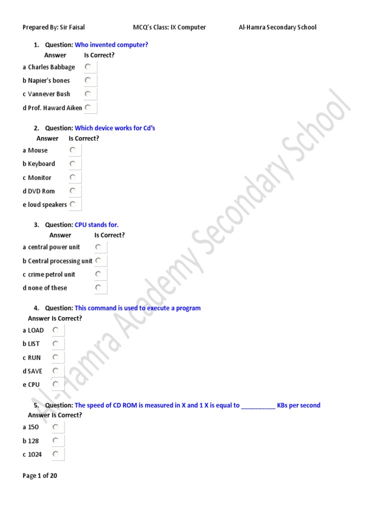 MCQ For 9th Class | PDF | Computer Data Storage | Random Access Memory