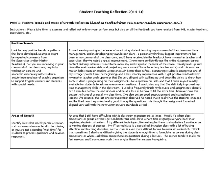 Student Teaching Reflection | PDF | Classroom | Inclusion (Education)