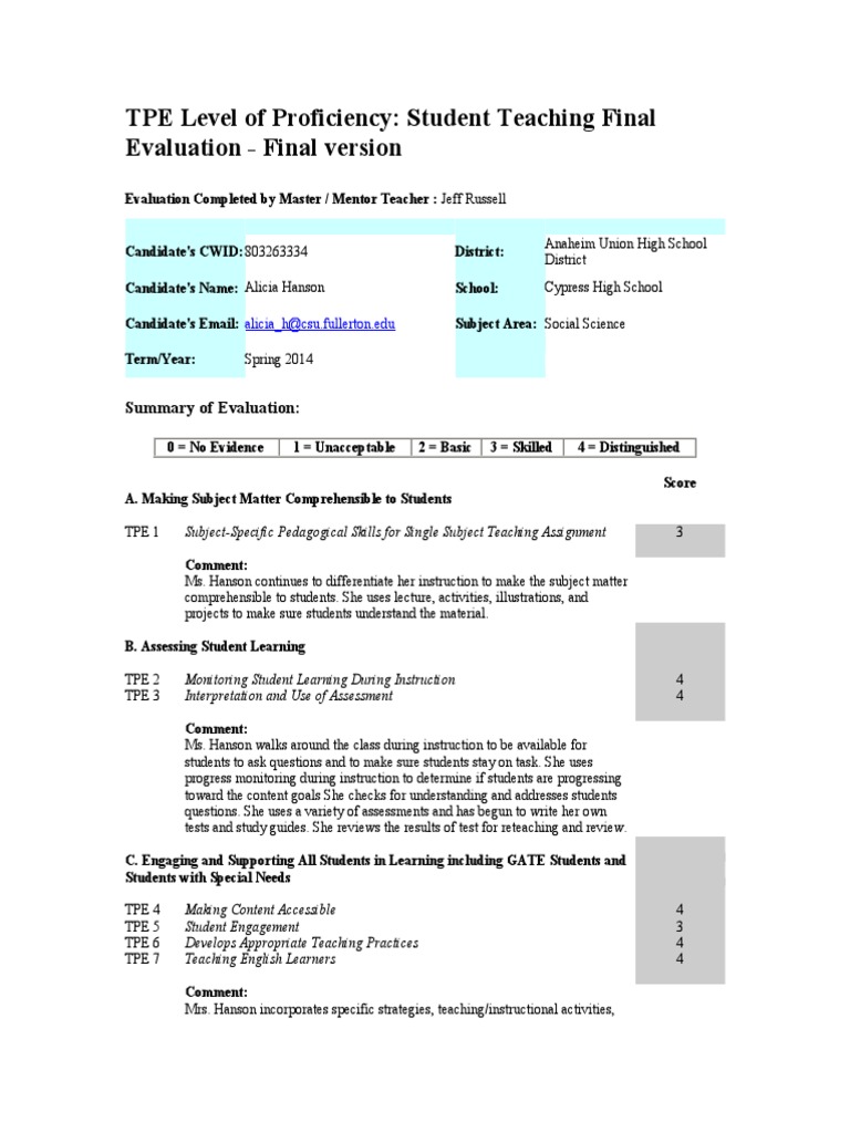 TPE Level of Proficiency: Student Teaching Final Evaluation - Final ...