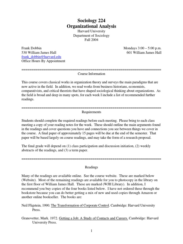 Syllabus Harvard Organizational Analysis | PDF | Sociology