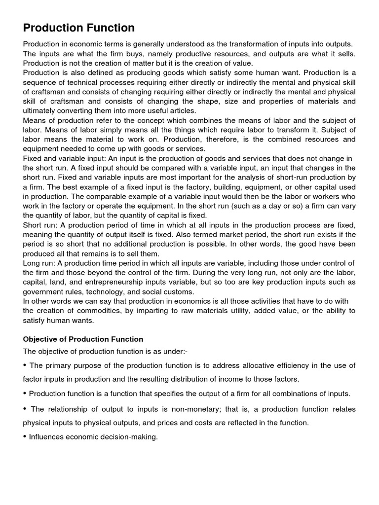 Notes - Production Function | PDF | Production Function | Factors Of ...