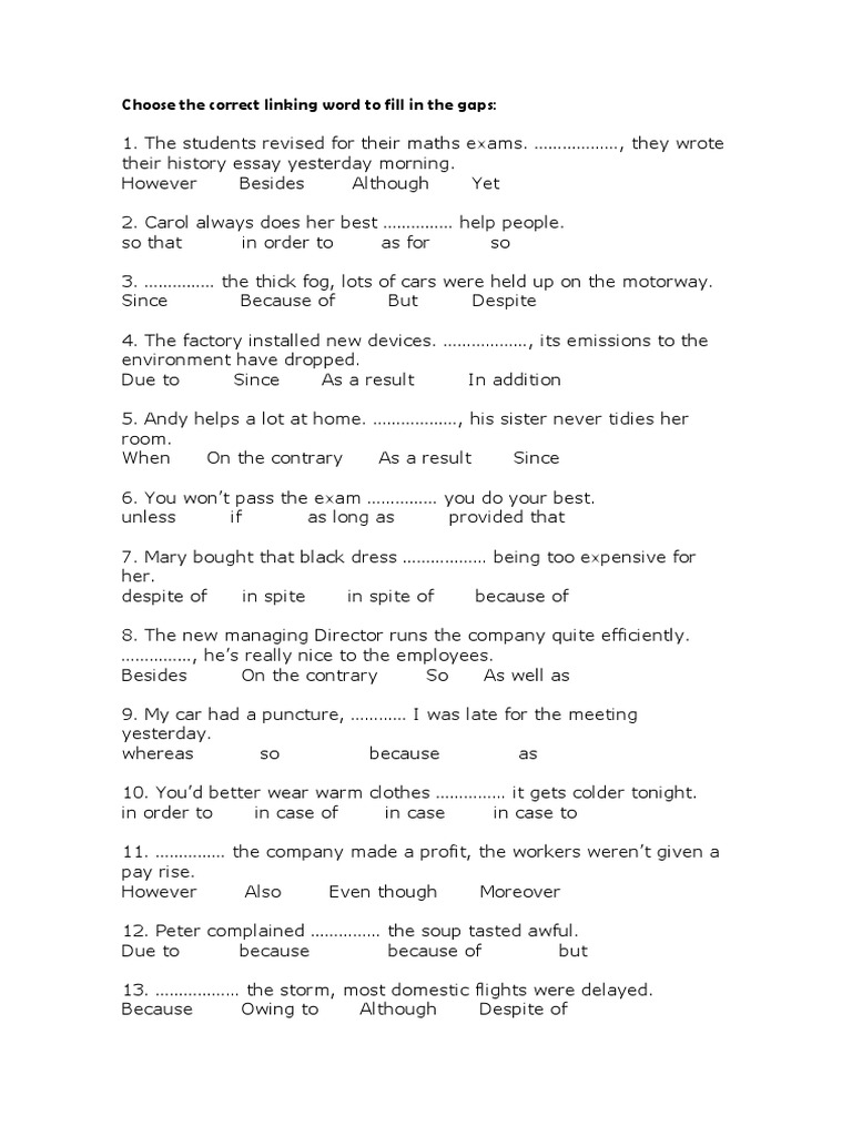 Choose The Correct Linking Word To Fill in The Gaps | PDF