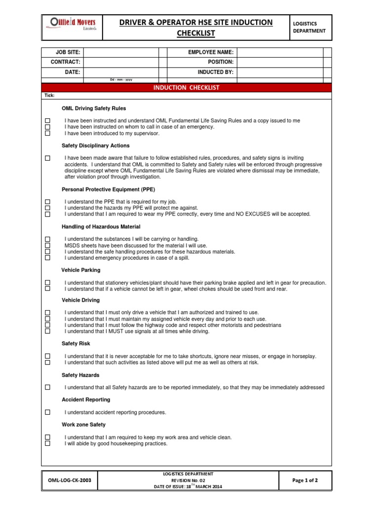 Driver Operator Hse Induction Checklist Pdf Safety Personal