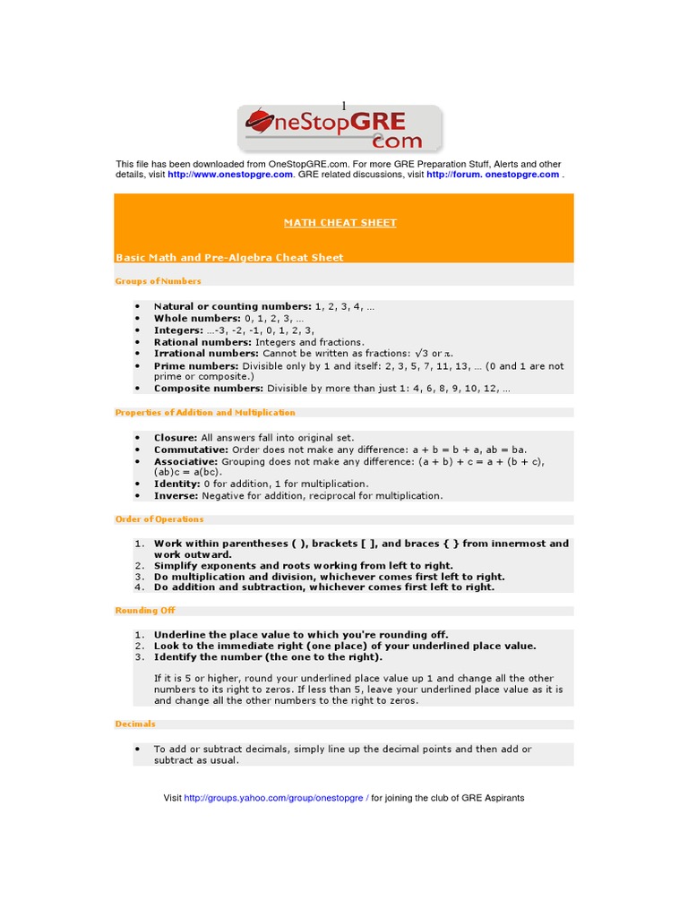 MATH CHEAT SHEET Basic Math and Pre-Algebra Cheat - GRE - PDF Drive ...