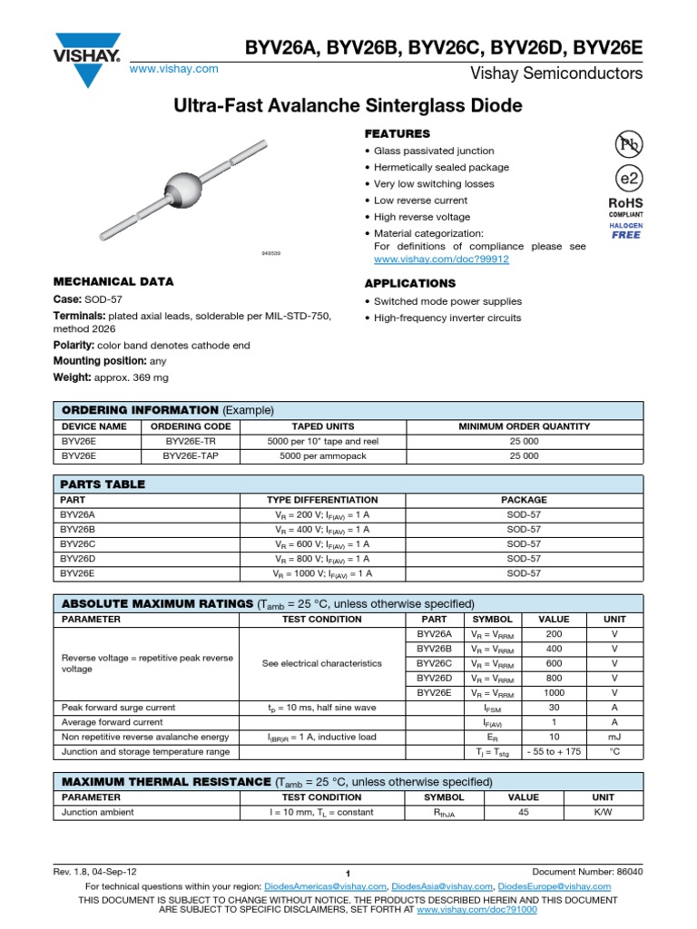 Byv26 Ultra-Fast Avalanche Sinterglass Diode | PDF | Diode | Electrical ...