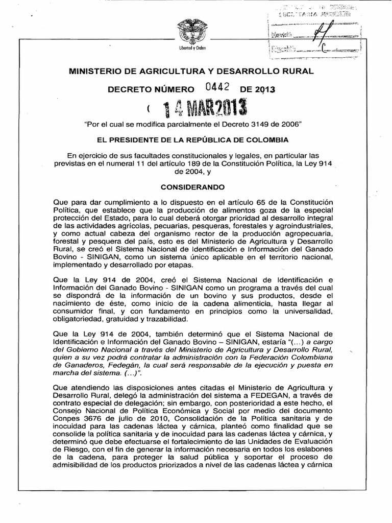 Decreto 442 Sistema de Identificacion de Ganado Bovinp | PDF | Área rural | Colombia