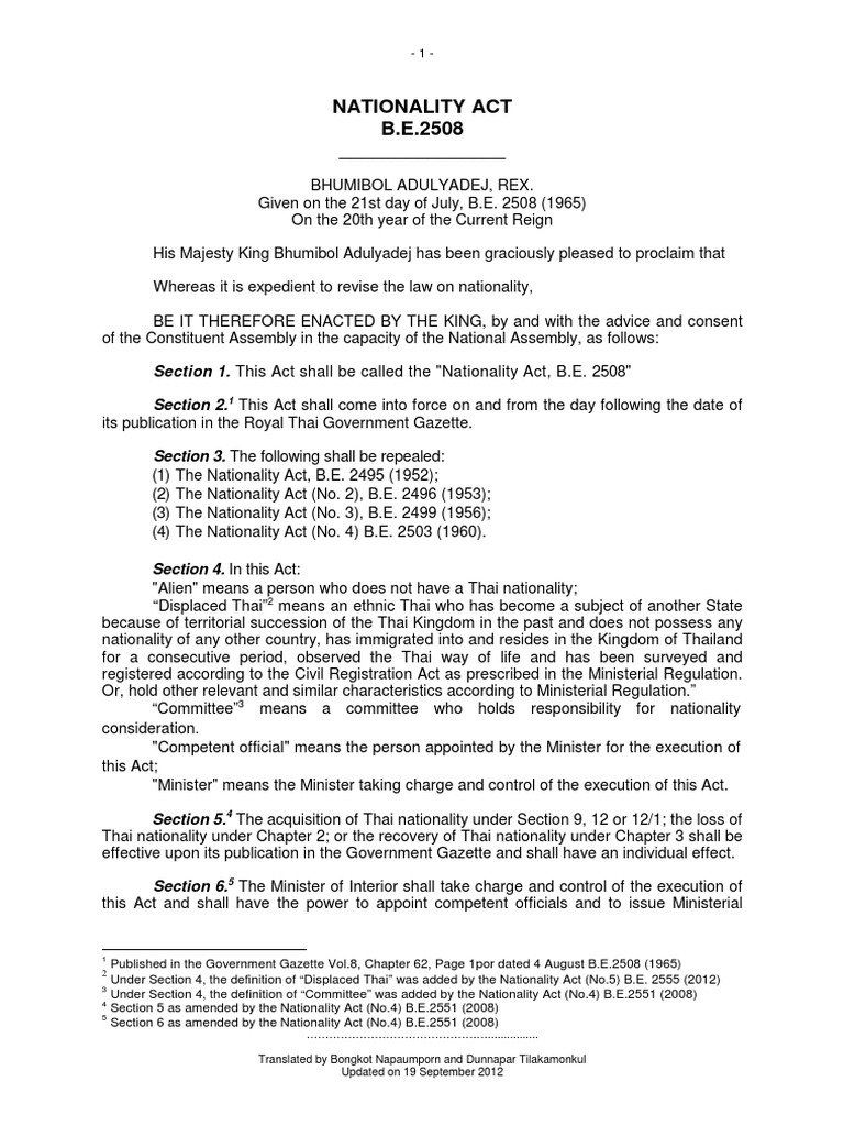 Thailand Nationality Act Overview | PDF | Naturalization | Ministry ...