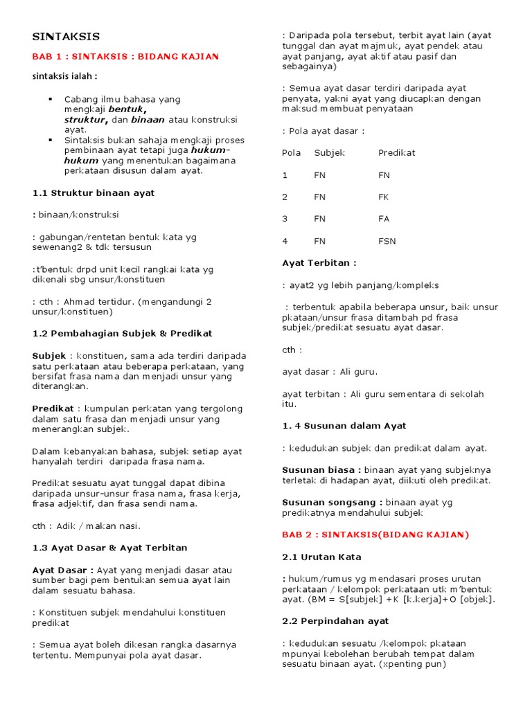 Nota Ringkas Sintaksis | PDF
