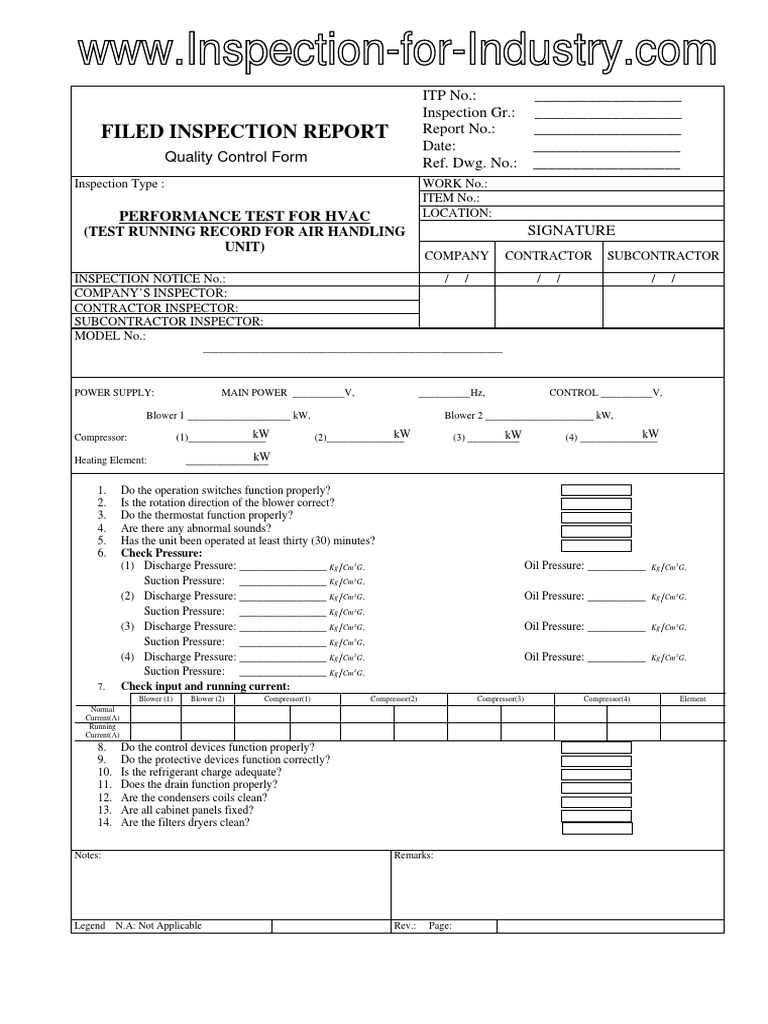 HVAC Performance Test Quality Control and Inspection Report Form | PDF ...