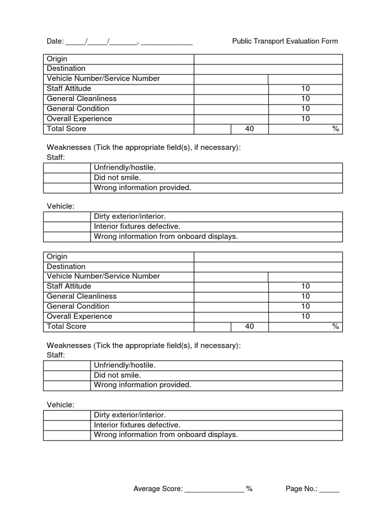Date: - / - / - , - Public Transport Evaluation Form | PDF
