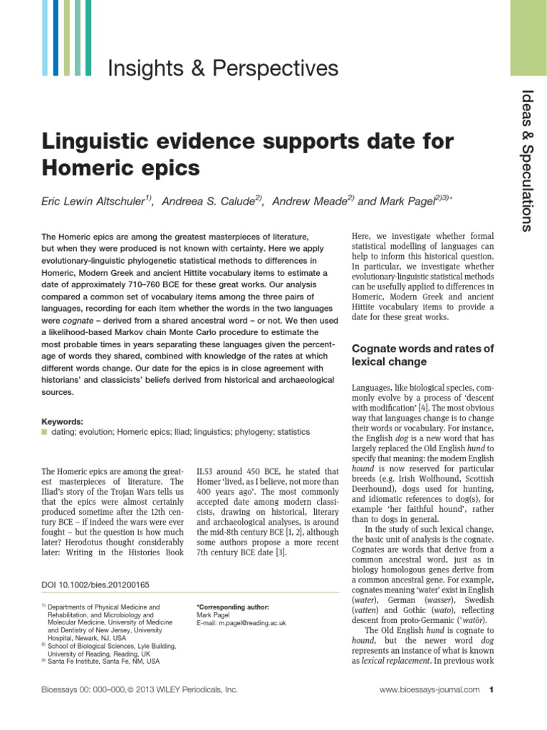 Linguistic Evidence Supports Date For Homeric Epics | PDF | Homer | Troy