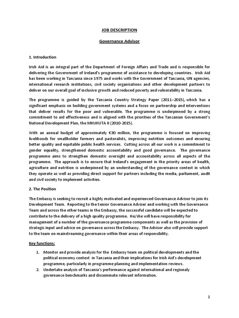 Governance Advisor Position in Tanzania | PDF | Governance | Aids