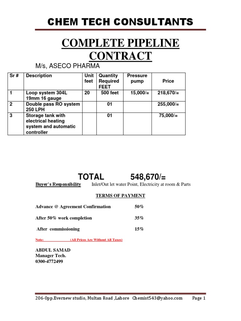 Complete Pipeline Contract: Chem Tech Consultants | PDF